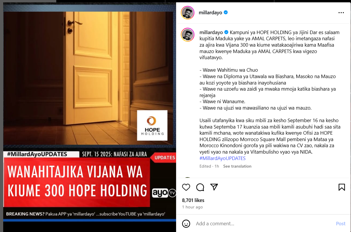 Nafasi za Kazi 300 Hope Holding Dar es Salaam